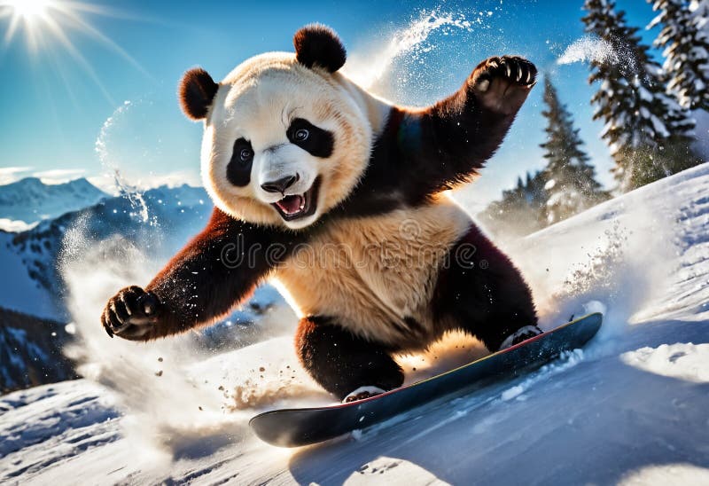 Panda Skiing on Snowboard. Generative AI Stock Illustration ...