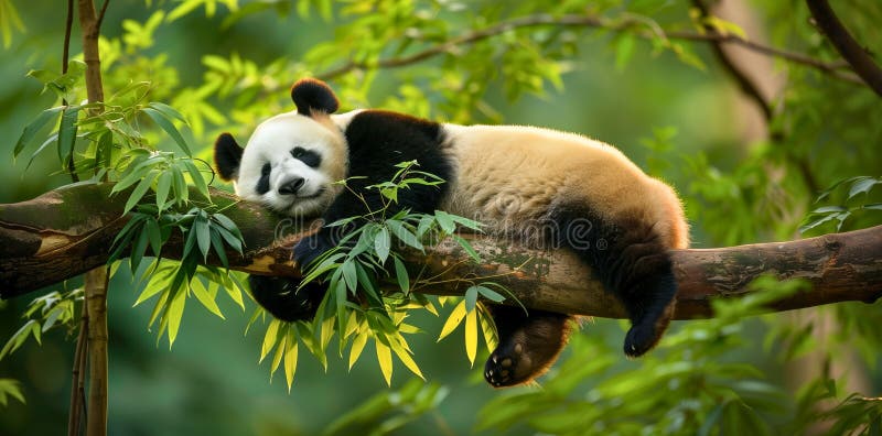 A Panda Sleeping Peacefully in the Crook of a Tree Branch Stock ...