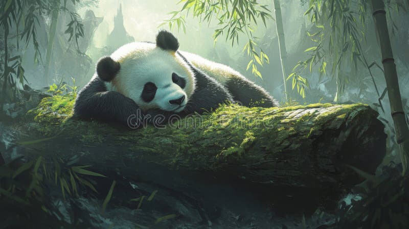 Panda Sleeping Peacefully on Mossy Log in Bamboo Forest Stock ...