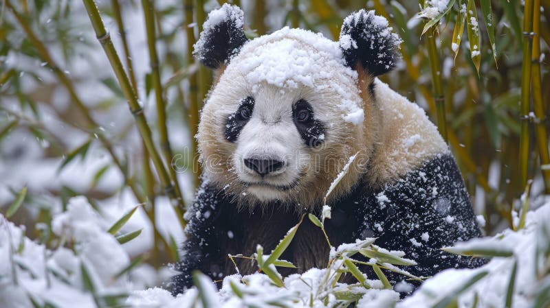 Panda in Snowy Bamboo Forest Stock Illustration - Illustration of ...
