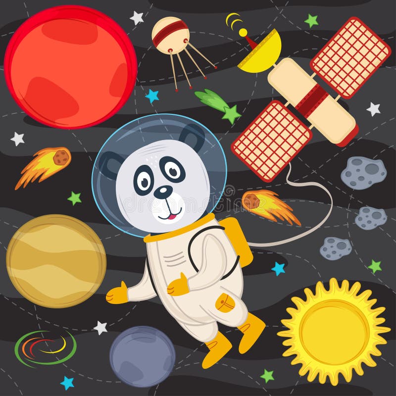 A Cartoon Panda In An Astronaut`s Space Suit. Character In Space ...
