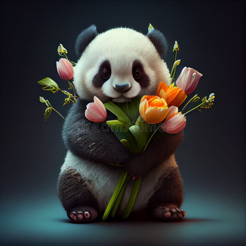 Panda with Spring Tulips Flower. Generative AI Stock Illustration ...