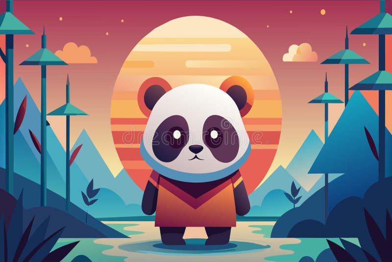 A Panda Standing in Front of a Sunset Stock Illustration - Illustration ...