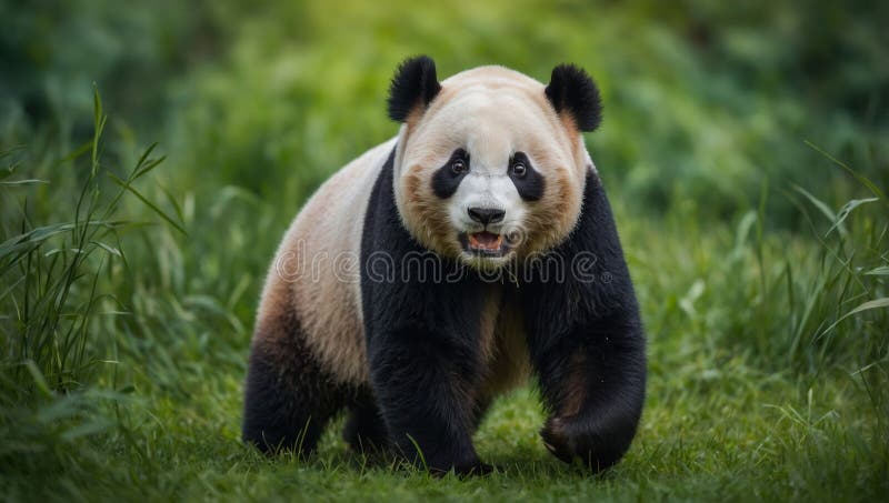 Panda Standing in a Grassy Area Looking Alert, Typical Black and White ...