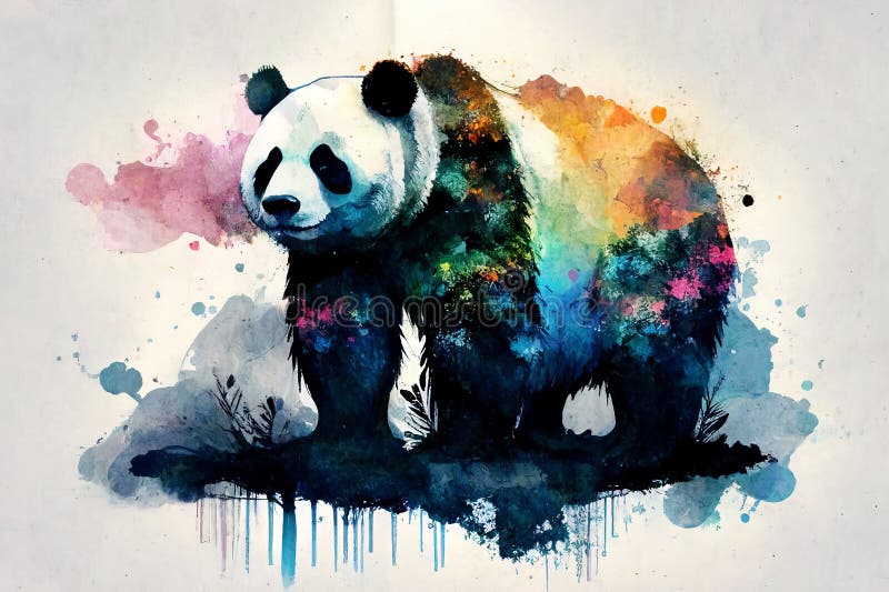 A Panda is Standing on a White Background Drawing Watercolor Trees in ...
