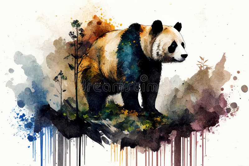 A Panda is Standing on a White Background Drawing Watercolor Trees in ...