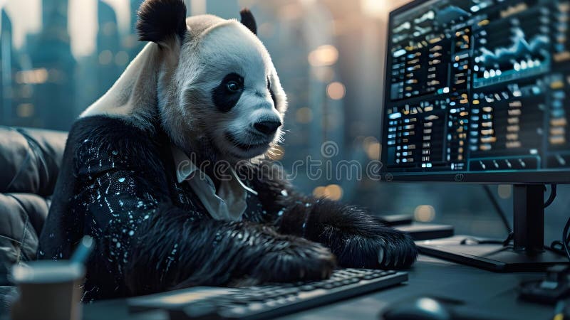 A Panda in a Suit Analyzes Data on a Digital Interface in an Office ...