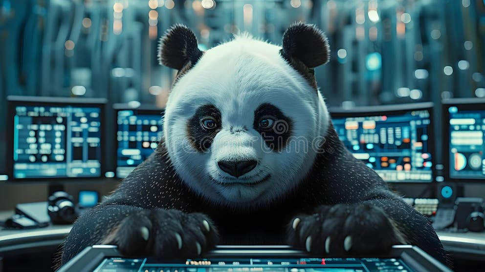 A Panda in a Suit Analyzing Data on a Digital Interface in an Office ...