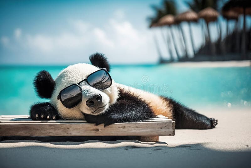 A Panda in Sunglasses Resting on a Sun Lounger on the Beach. Stock ...