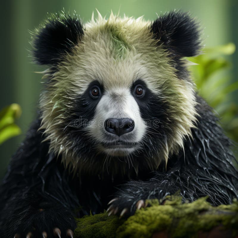 Hyperrealistic Panda Bear Portrait on Tree Stump Stock Image - Image of ...