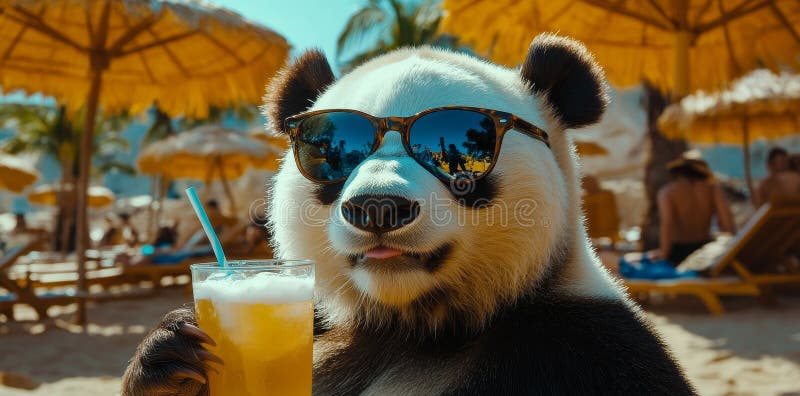 A Panda is Taking it Easy on a Summer Beach while on Vacation at a ...