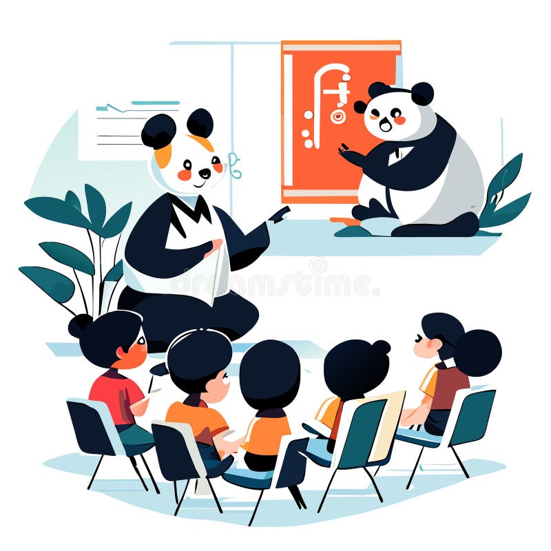 Panda Teacher with Students in the Classroom. Vector Illustration in a ...