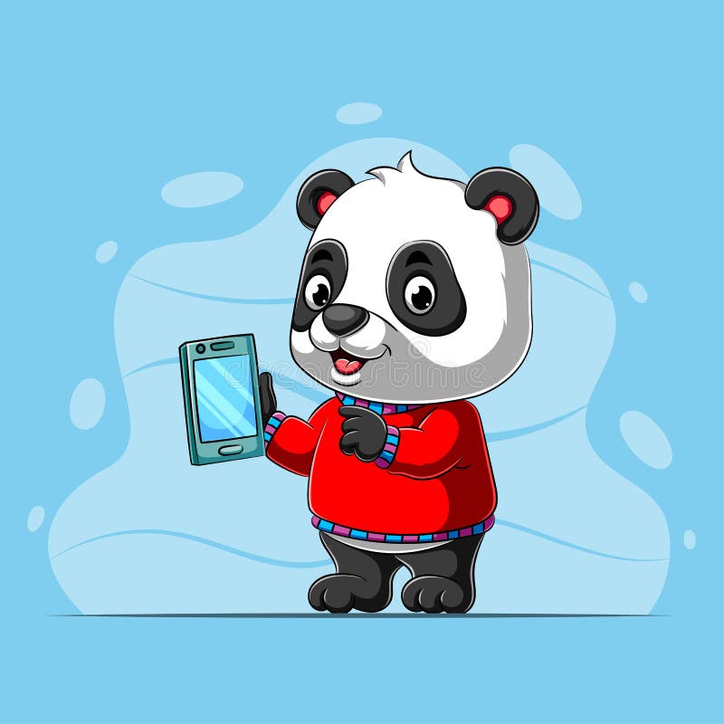 The Panda Using the Red Sweater Holding the New Smartphone in His Hands ...