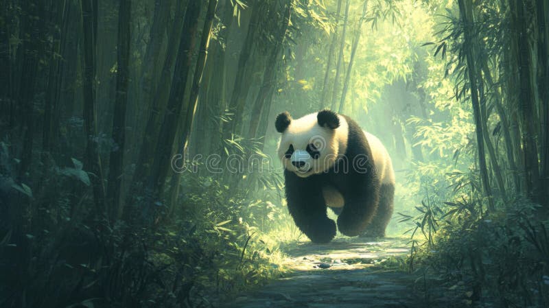 Panda Walking through a Bamboo Forest Path Stock Illustration ...