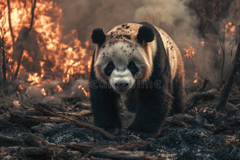 Panda is Walking through a Devastated Landscape after Fire Stock Image ...