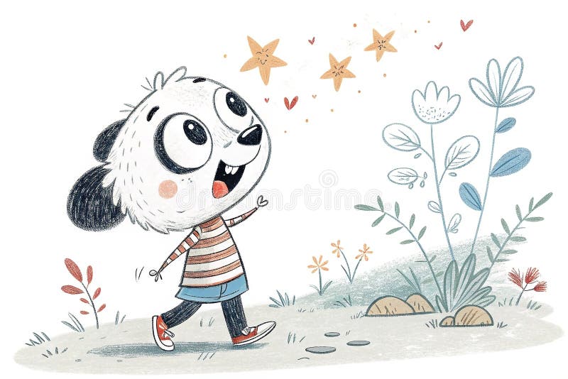 Panda Walks, Stars Fall, Garden, Happy Stock Illustration ...