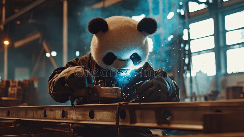 Panda Welding Metal Beams for Construction.. Stock Illustration ...