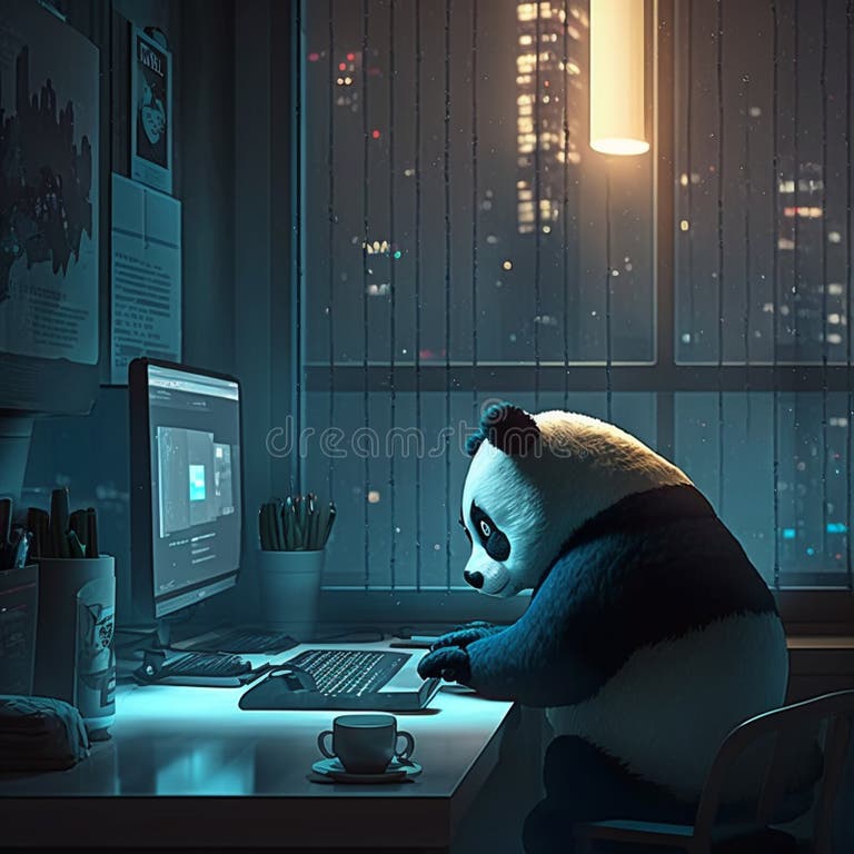 Panda Working in Office in Front of Computer in Night with Lights. Ai ...