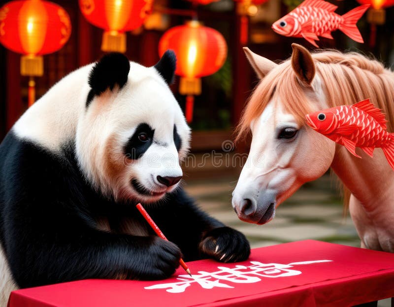A Panda is Writing on a Red Table with a Horse Looking on Stock ...