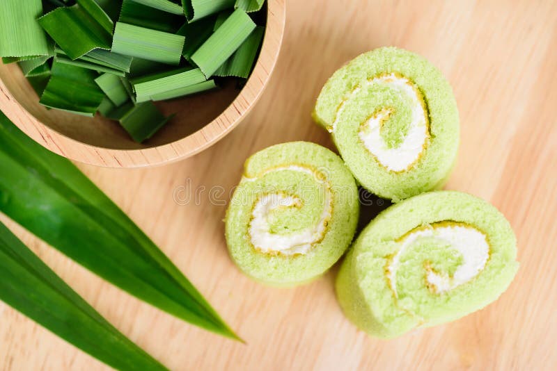 Pandan Roll Cake and Fresh Pandan Leaf Stock Photo - Image of delicious ...