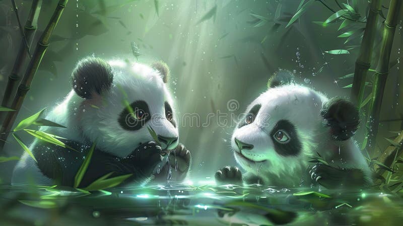 Pandas Playing in the Water in the Style of an Ancient Chinese Mountain ...
