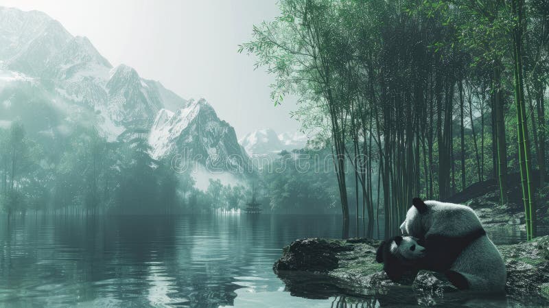 Pandas Playing in the Water in the Style of an Ancient Chinese Mountain ...
