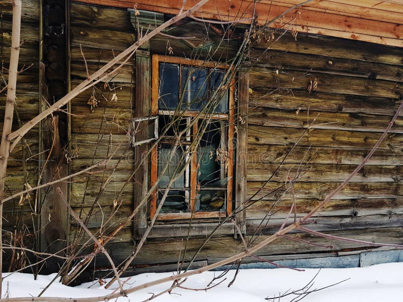 Pane with a Broken Window in the Old House on the Background of Snow in ...