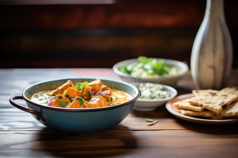 Paneer Butter Masala Served with Naan, Side View on Rustic Table Stock ...