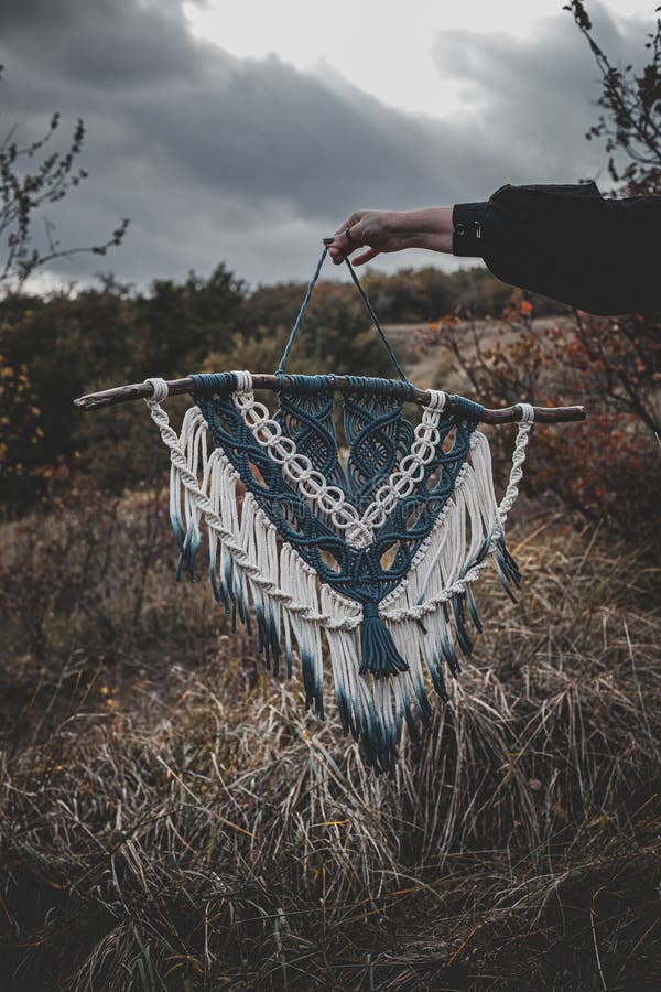 Panel of Blue and White Macrame on a Decorative Branch Stock Image ...