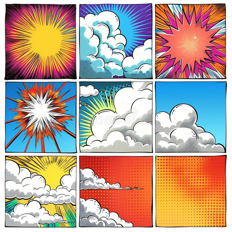 Panel Collage Featuring Vibrant Comic-style Illustrations of Sunbursts ...