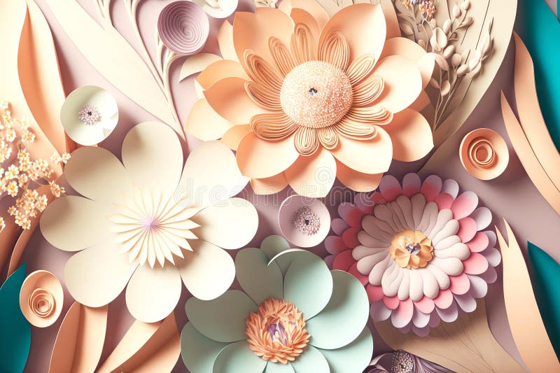 Panel of 3d Rendering Paper Flowers with Beaful Decor in Pastel Colors ...