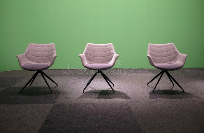 Three Empty Chairs in a TV Studio with Green Screen Stock Photo - Image ...