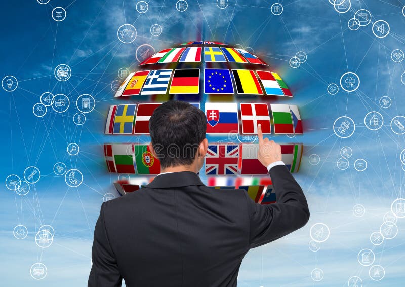 Panel with Flags on a Ball and Business Man Doing Something on it Stock ...