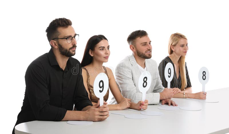 Panel of Judges Holding Signs with Highest Score on Beige Background ...