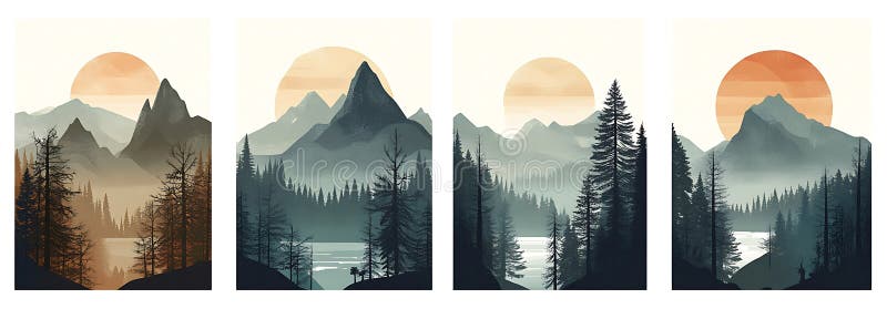 4-panel Set of Simple Vector Landscape Illustrations Stock Illustration ...