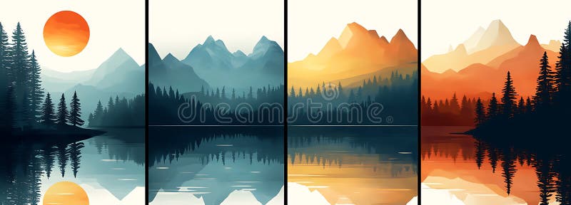 4-panel Set of Simple Vector Landscape Illustrations Stock Illustration ...