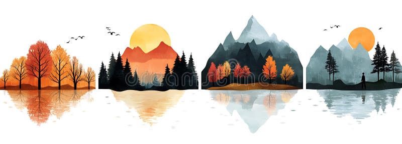 4-panel Set of Simple Vector Landscape Illustrations Stock Illustration ...