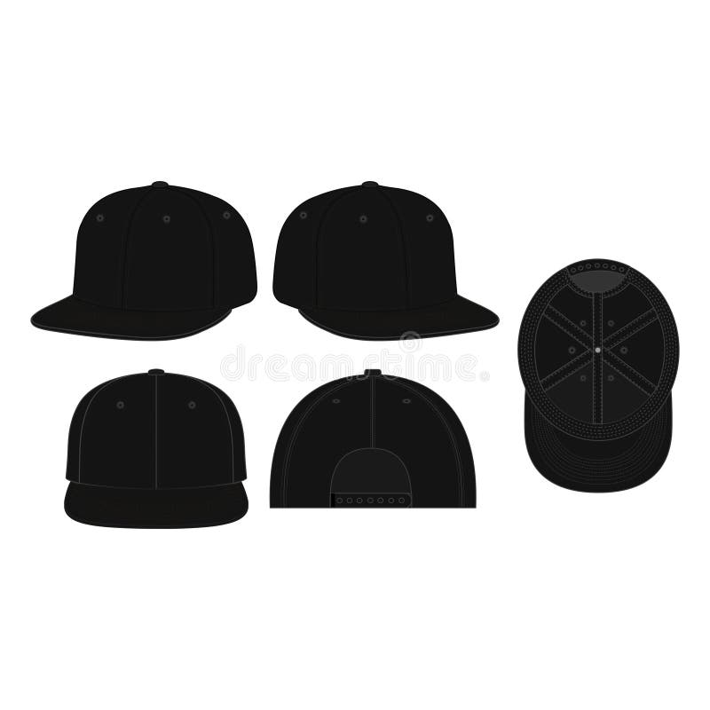 6-Panel Snapback Cap Mock-up Black Hat Template Vector with Every Angle ...