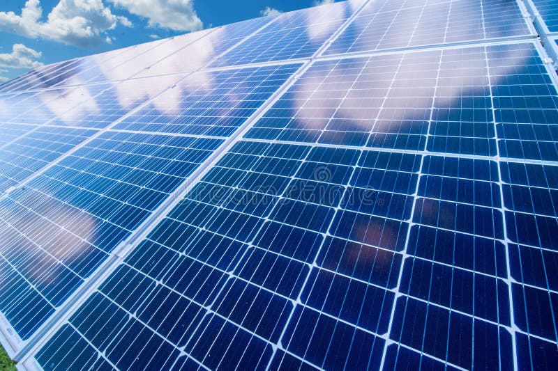 Energy Solar Panel with Reflection of Clouds and the Sky Stock Image ...