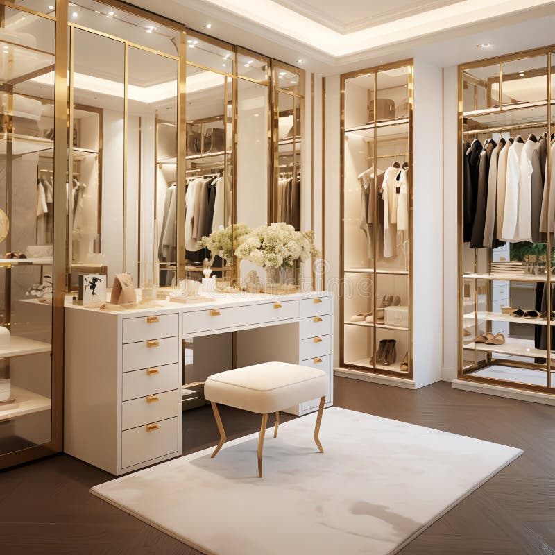 Panel Style Custom Walk in Closet with a Dressing Table Royal Gold ...