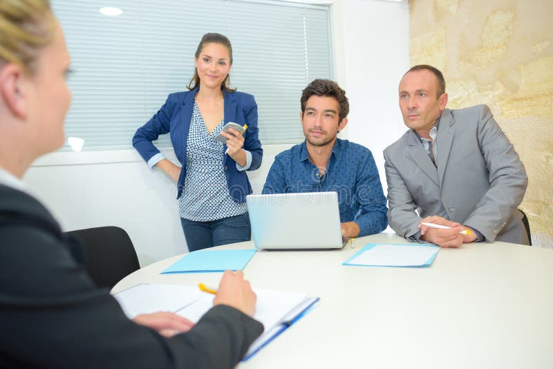 Panel Three People Talking To Woman Stock Image - Image of ...