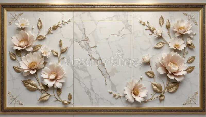 Panel Wall Art, Marble Background with Flower Designs, Wall Decoration ...