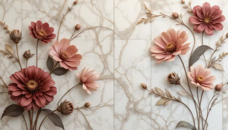 Panel Wall Art, Marble Background with Flower Designs, Wall Decoration ...