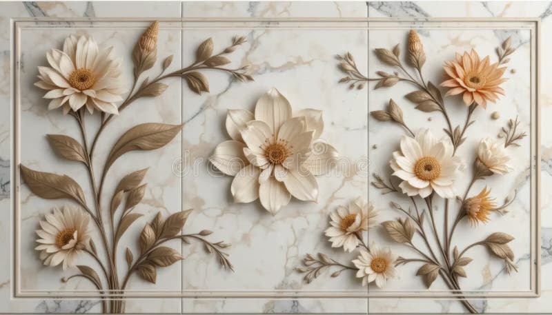 Panel Wall Art, Marble Background with Flower Designs, Wall Decoration ...