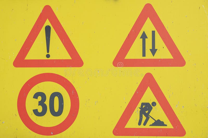 Panel with Warning Signs at a Construction Site, Traffic Signal Stock ...