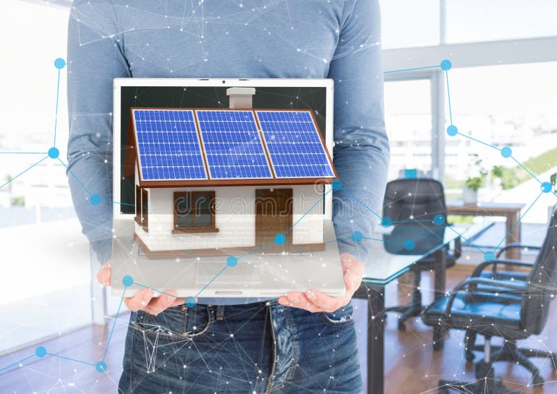 Panels on Roof House on Laptop. in the Office Stock Illustration ...