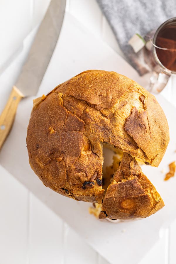 Panettone Christmas Cake. Italian Sweet Bread on White Kitchen Table ...