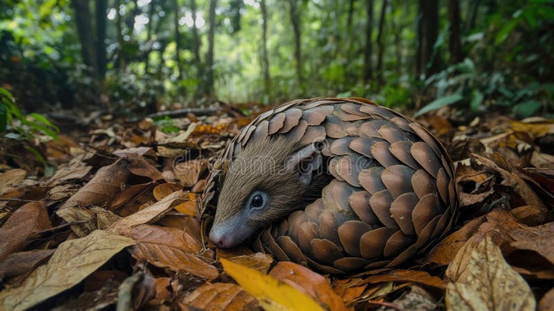 Pangolin Curled Up into a Ball, Nestled in the Middle of a Dense, Leaf ...