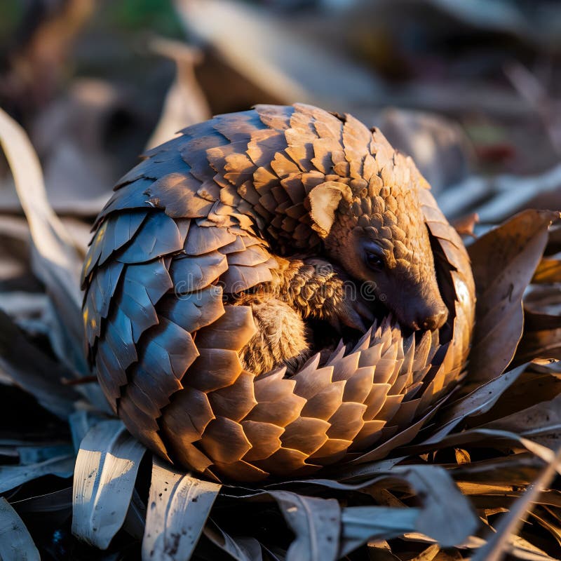 Pangolin Curled Up on Dry Leaves Stock Illustration - Illustration of ...