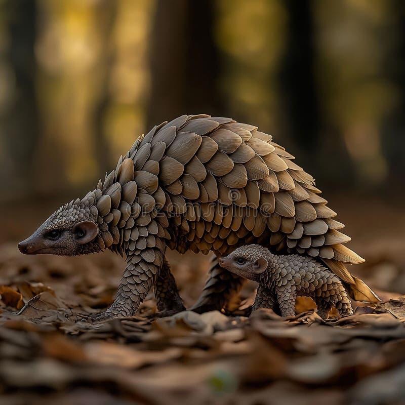 Pangolin and Its Baby in a Forest Setting, Surrounded by Fallen Leaves ...